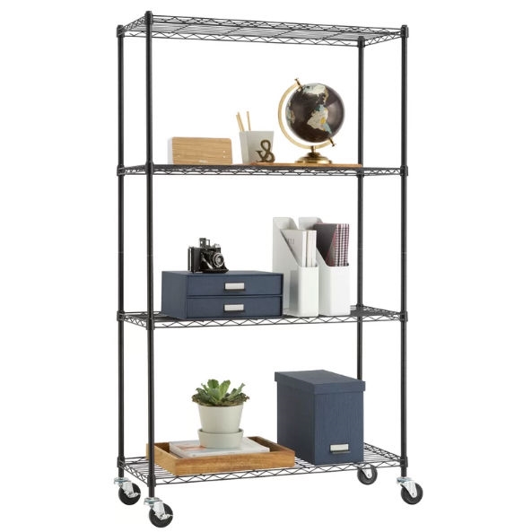 Heavy Duty Black Steel 4-Tier Shelving Unit with Locking Casters ...